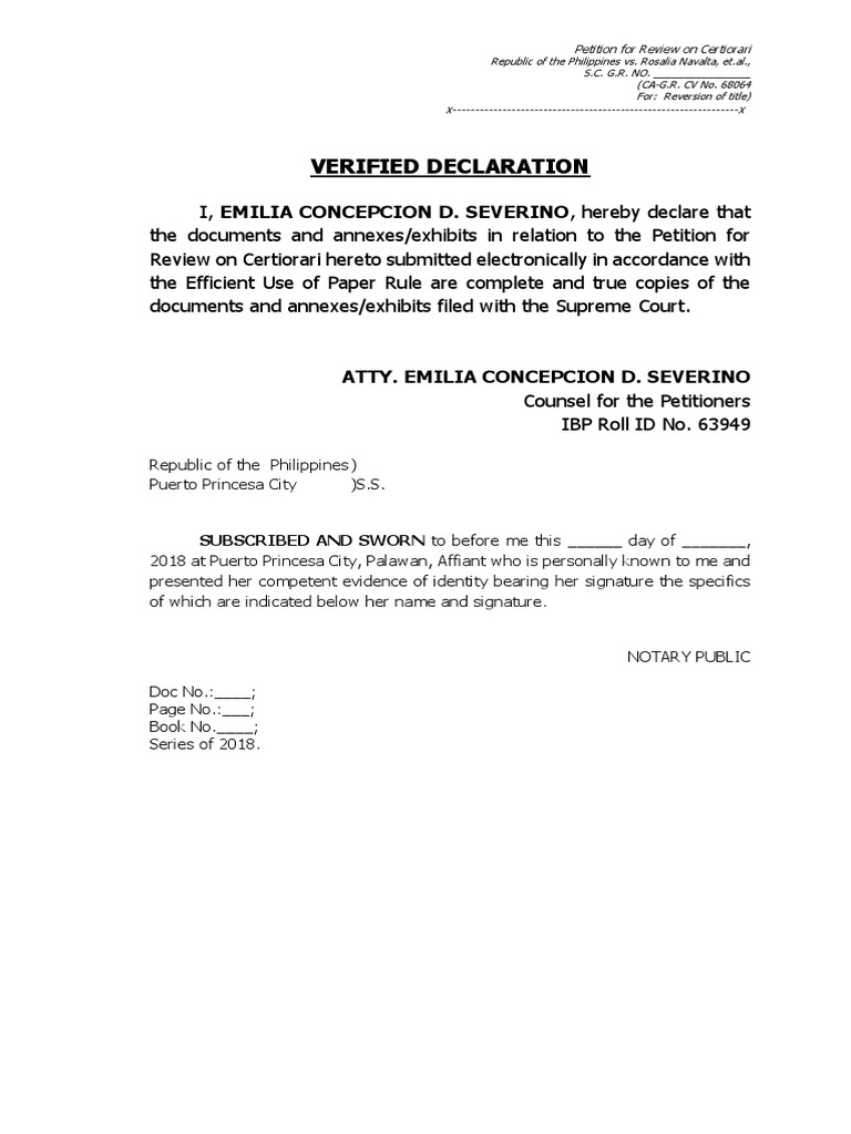 Verified Declaration E-Copy Petition For Review | PDF