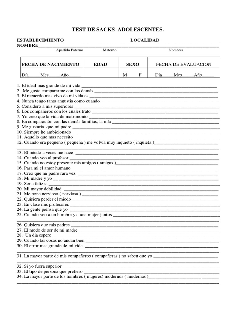 Test de Sacks para Adolescentes | PDF | Adolescencia