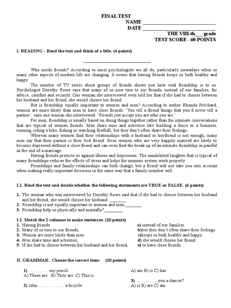 Final Test 8 TH B Form | PDF | Friendship | Psychology