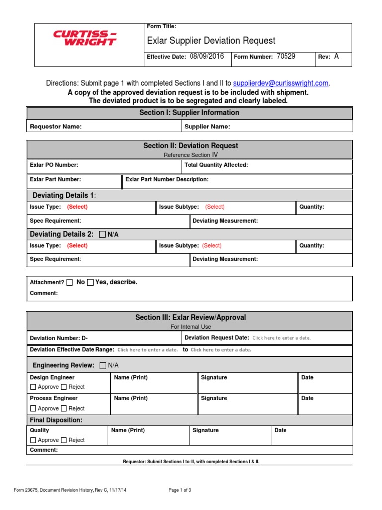 70529 Rev a Supplier Deviation Request Form 20160809 | Specification ...