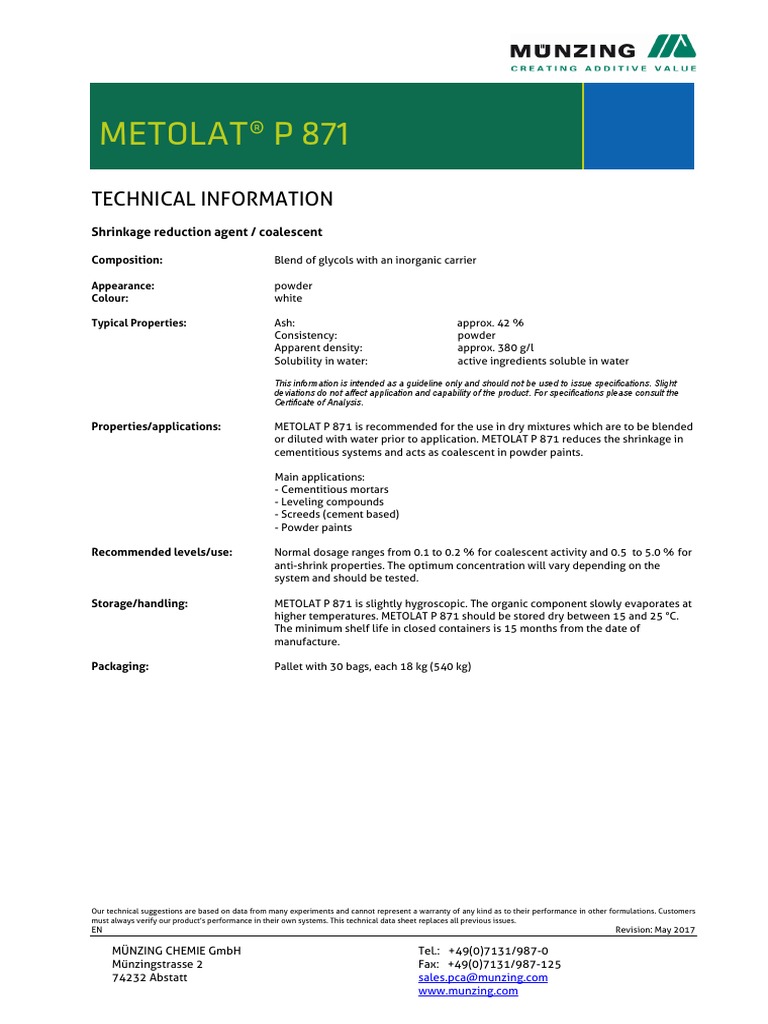 Metolat® P 871: Technical Information | PDF | Paint | Cement