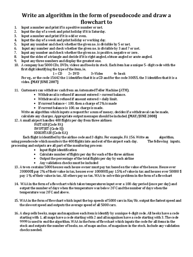 Write An Algorithm In The Form Of Pseudocode And Draw A Flowchart To Pdf Algorithms