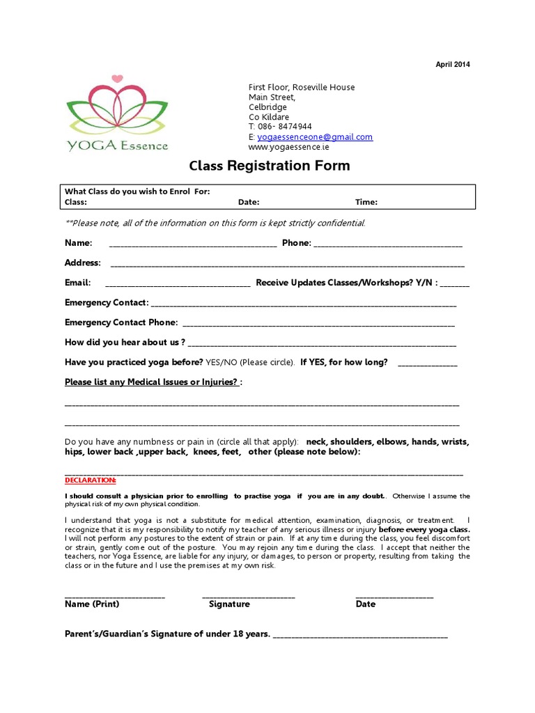 Class Registration Form | Yoga | Cheque | Free 30-day Trial | Scribd