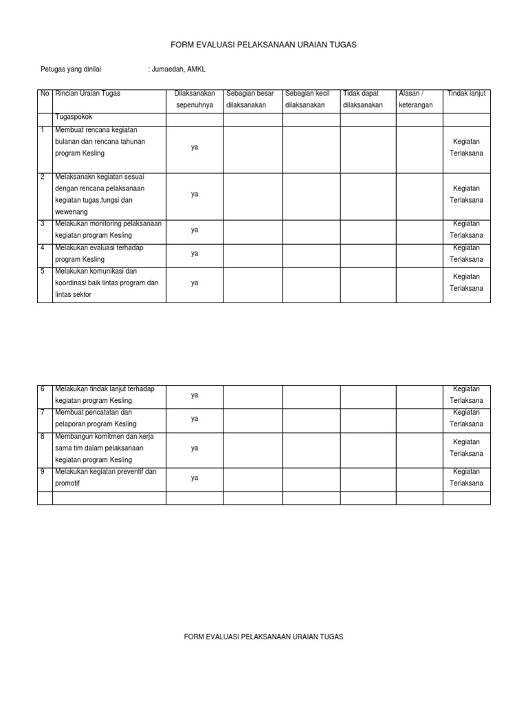 Form Evaluasi Pelaksanaan Uraian Tugas - Docx Ibu Eda | PDF