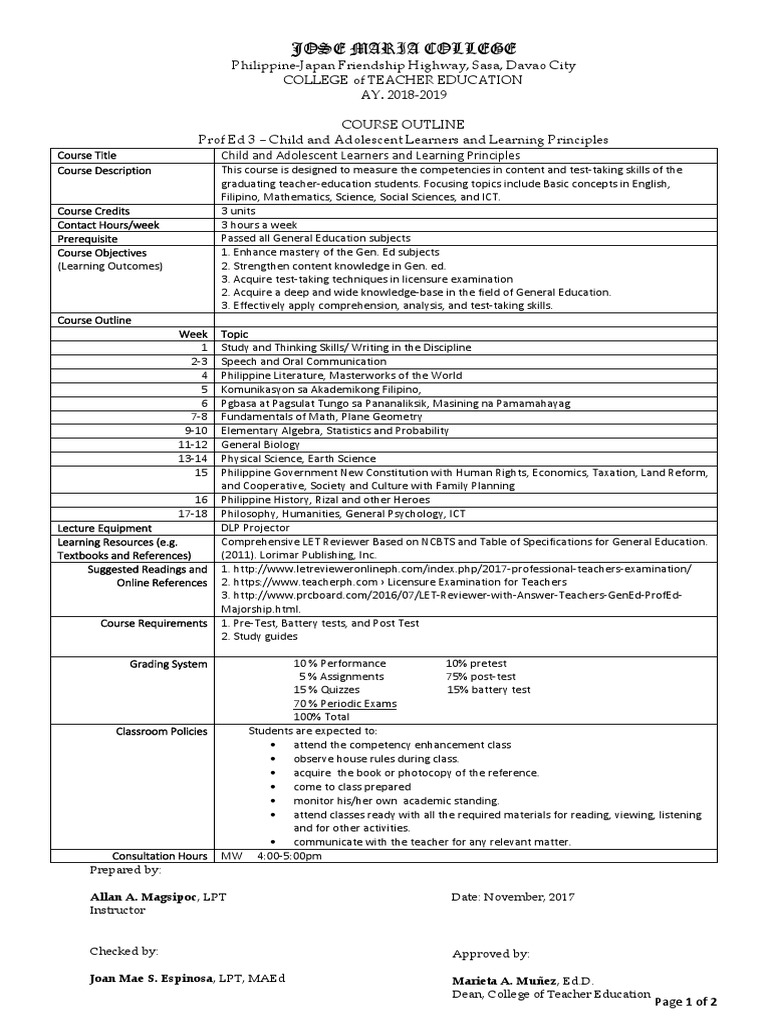 Child and Adolescent Learning Course Outline | PDF | Curriculum ...