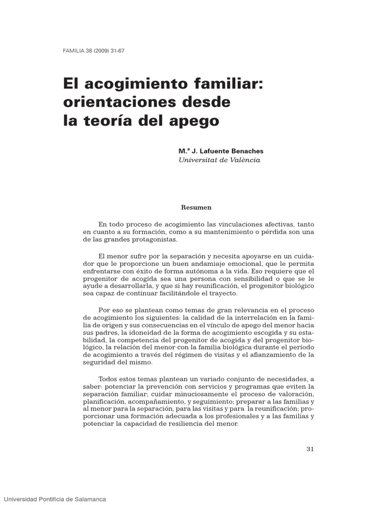 Acogimiento Familiar y Apego, Lafuente, M. (2009) | PDF | Teoría de apego | Familia