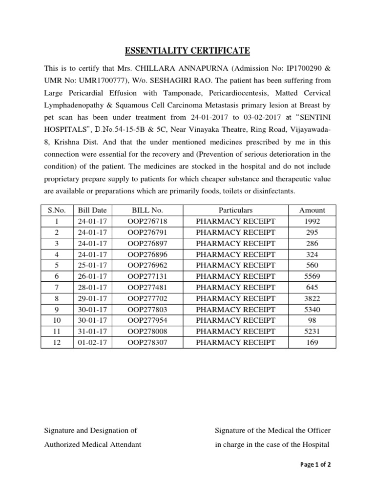 Sentini Essentiality Certificate | PDF | Pharmacy | Patient