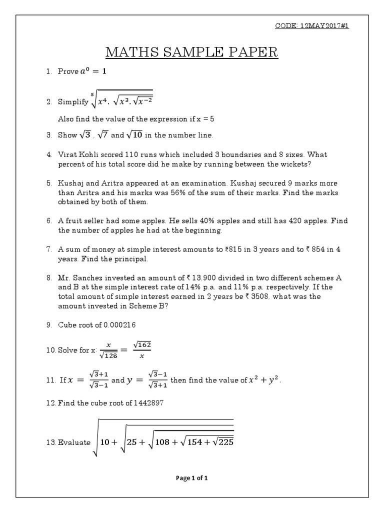 Maths Sample Paper: CODE: 12MAY2017#1 | PDF