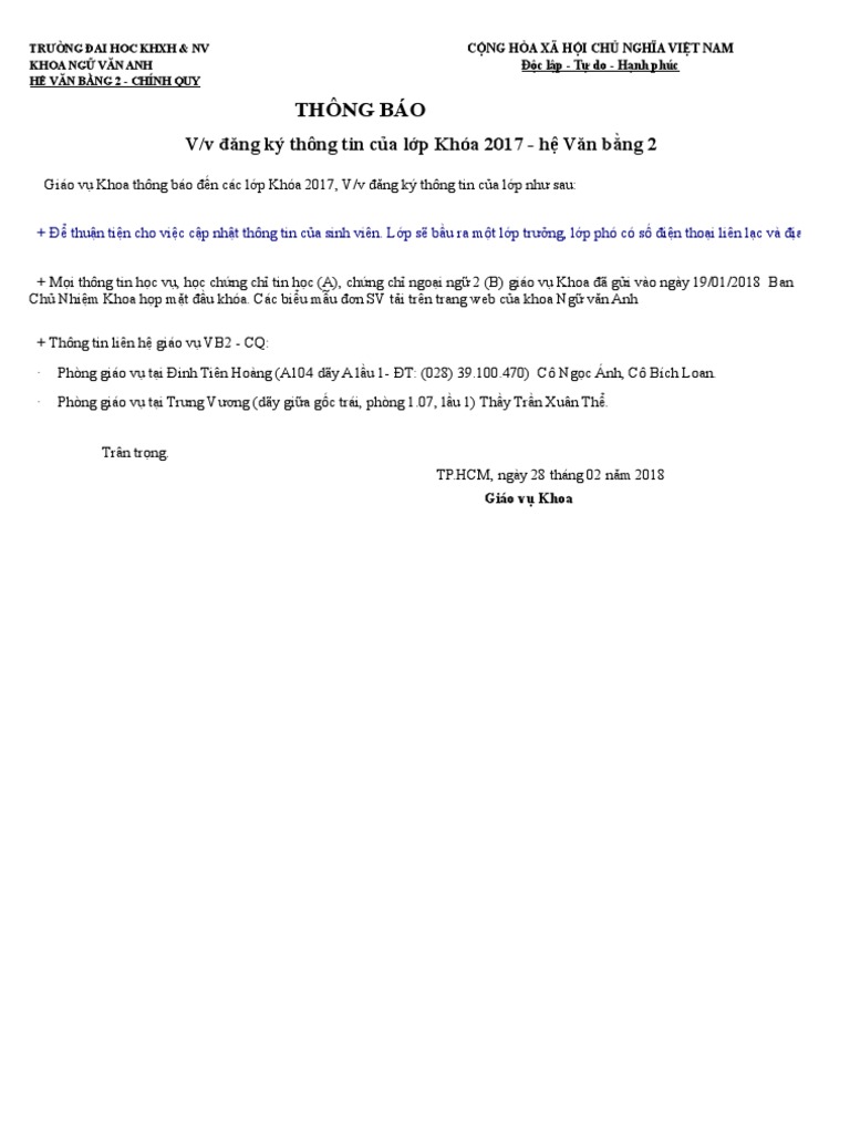 Danh Sach Lop Va TKB Khoa 2017 He VB2 - CQ (KG 12.3.18 - 02.7.18) | PDF