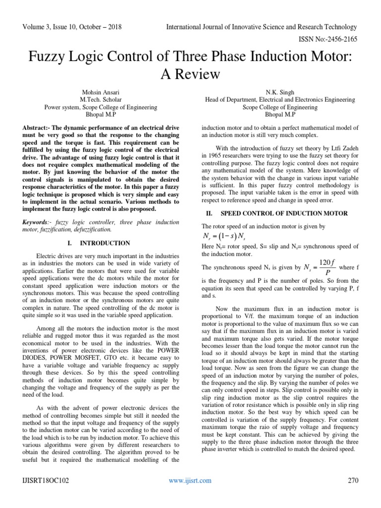 Fuzzy Logic Control of Three Phase Induction Motor: A Review | PDF | Fuzzy Logic | Electromagnetism
