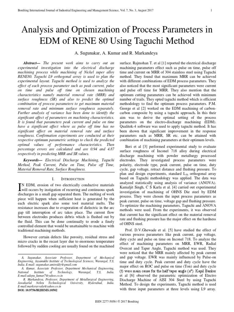 Analysis and Optimization of Process Parameters in EDM of RENE 80 Using Taguchi Method | PDF ...