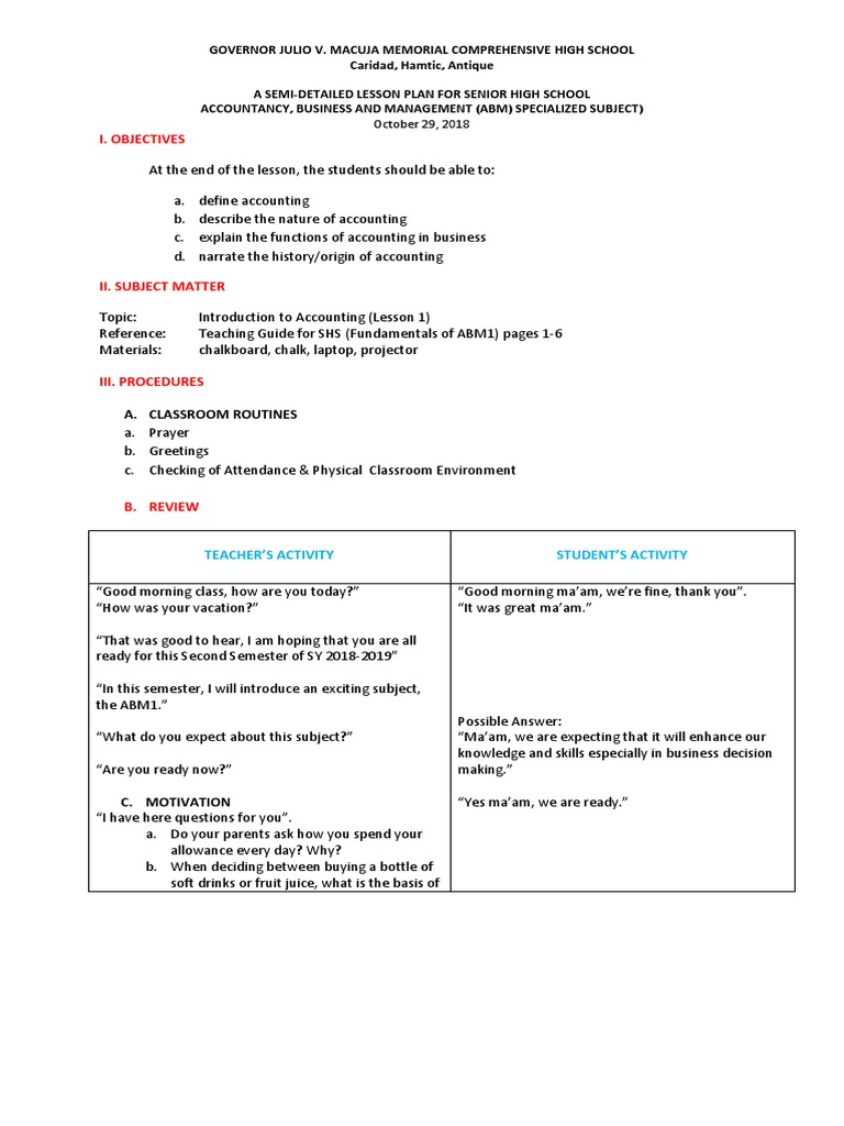 Introductory Accounting Lesson Plan | PDF | Question | Accounting