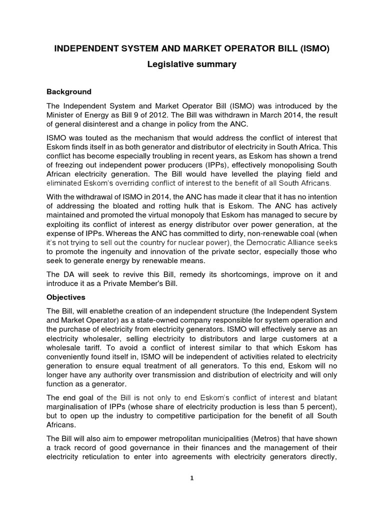 Independent System and Market Operator Bill (Ismo) Legislative Summary ...