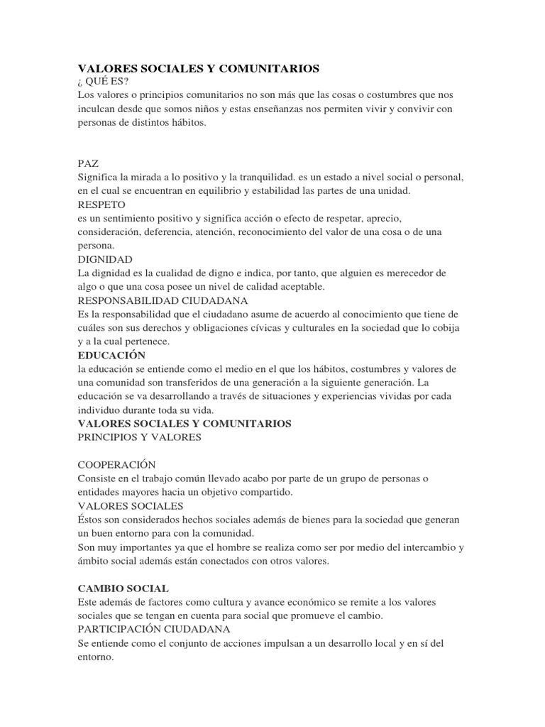 Valores Sociales y Comunitarios | PDF | Dignidad | Sociedad