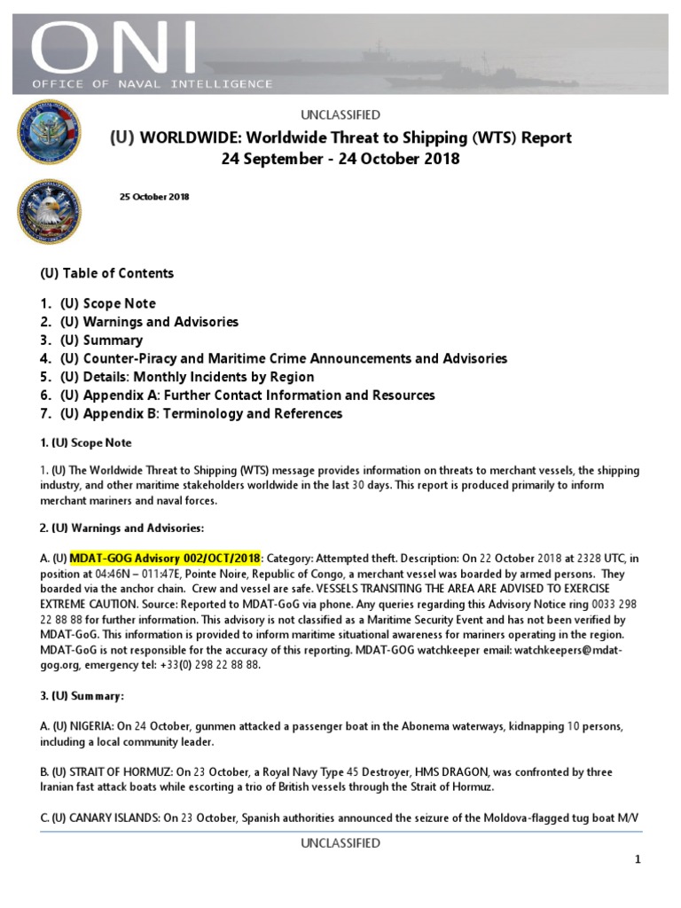 U.S. Navy Office of Naval Intelligence Worldwide Threat To Shipping ...
