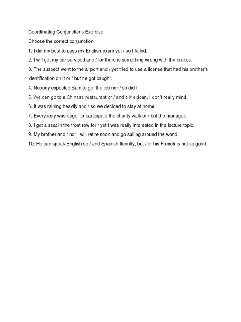 Coordinating Conjunctions Exercise | PDF