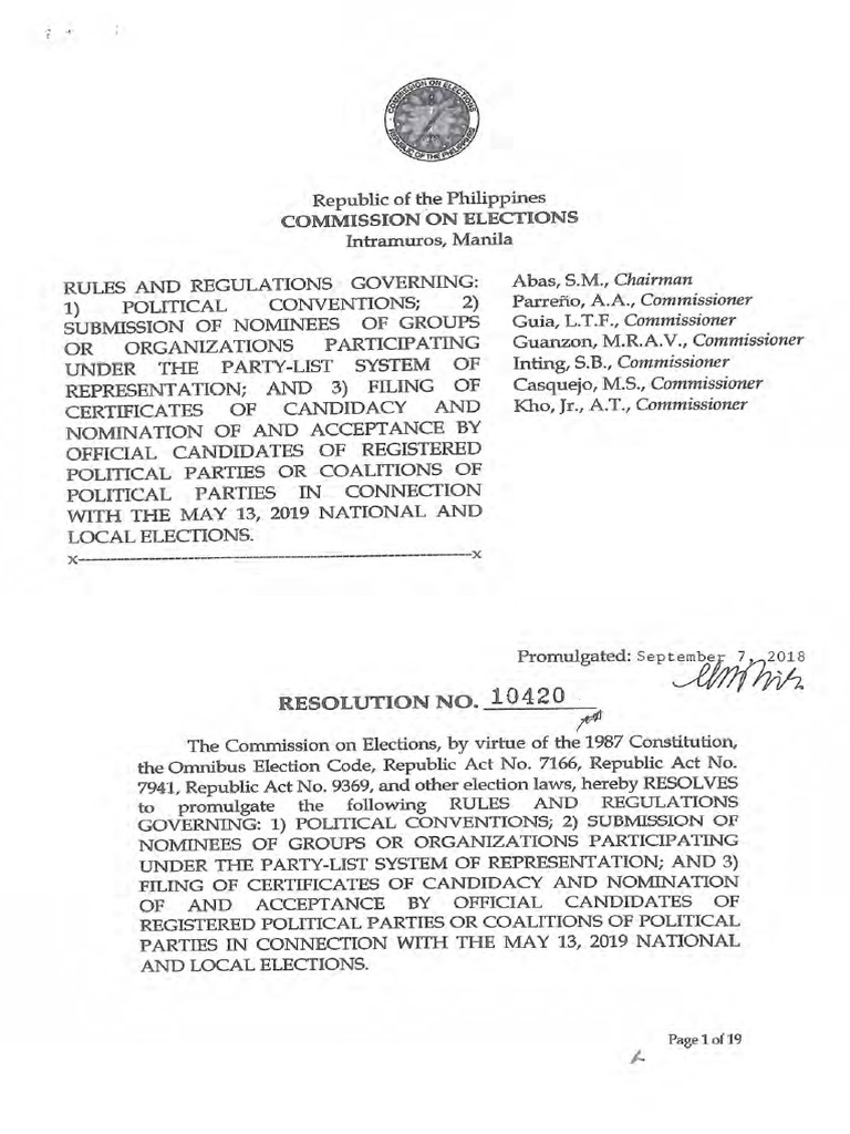 Comelec Resolution No. 10420 | PDF