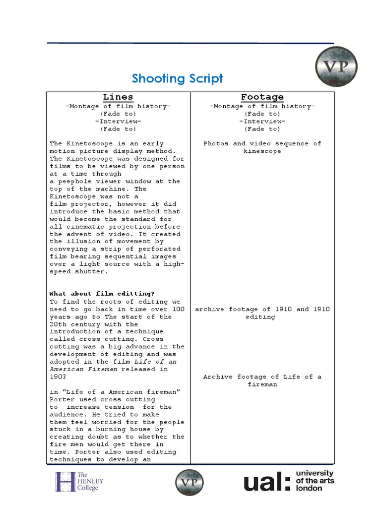 Shooting Script 1 | PDF | Videotape | Media Formats