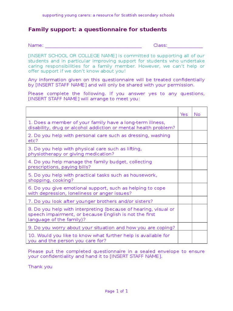 Family Support: A Questionnaire For Students: Supporting Young Carers ...
