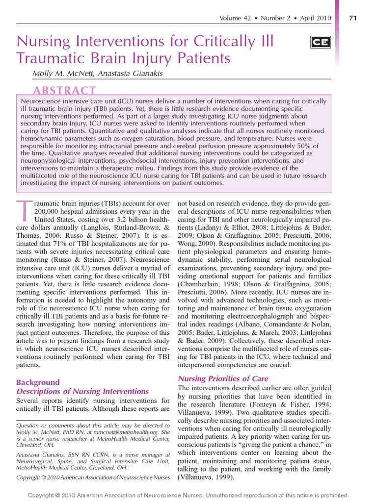 Nursing Interventions For Critically Ill Traumatic Brain Injury ...