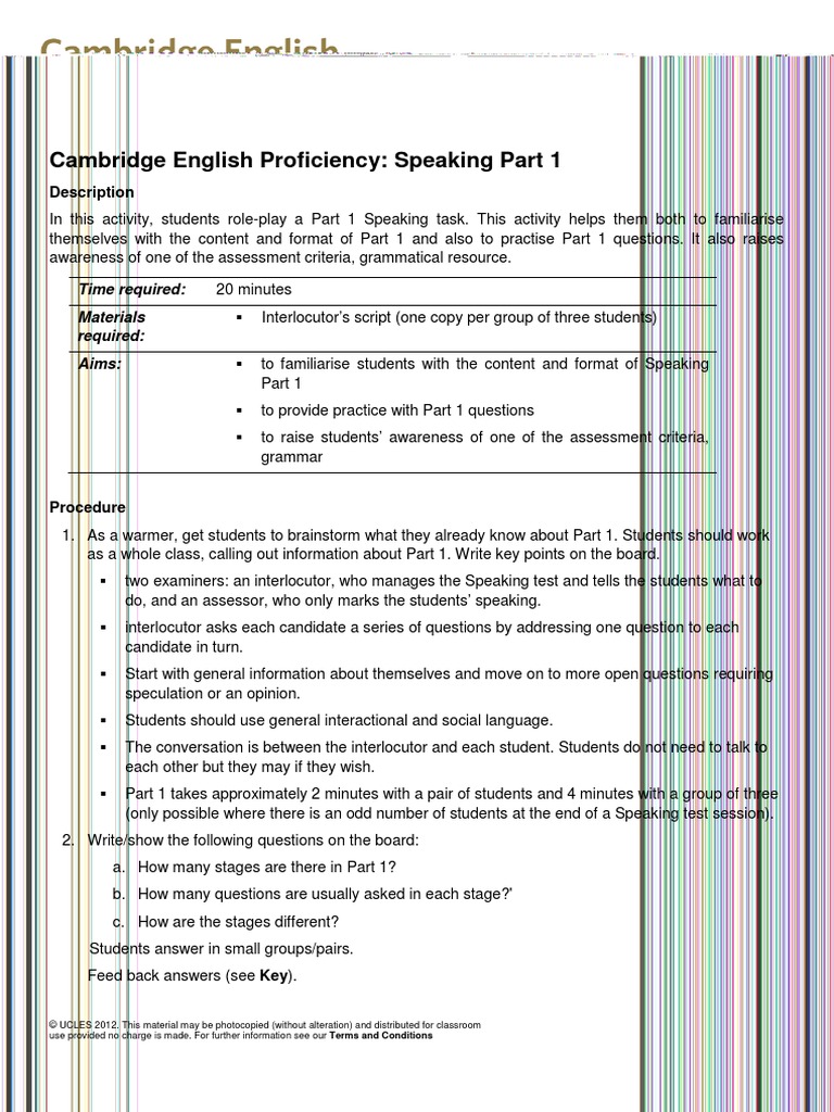 Cambridge English Proficiency Speaking Part 1 | PDF | Question | Test ...