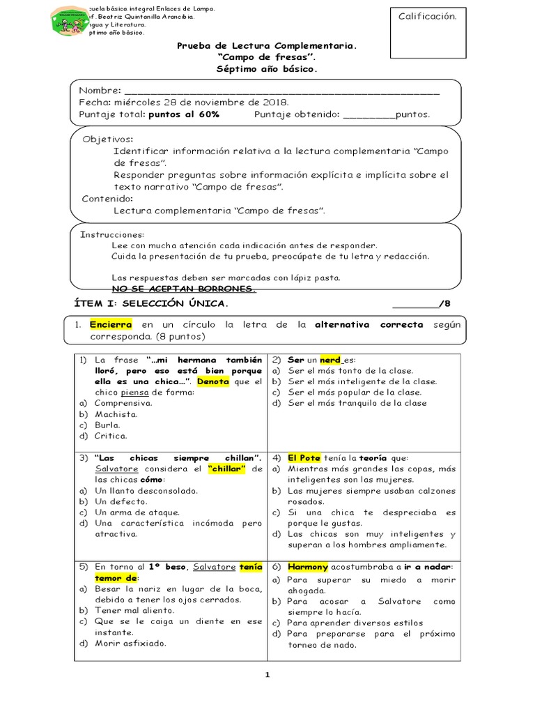 Prueba de Lectura Complementaria Campo de Fresas 7° (Miércoles 28 de ...