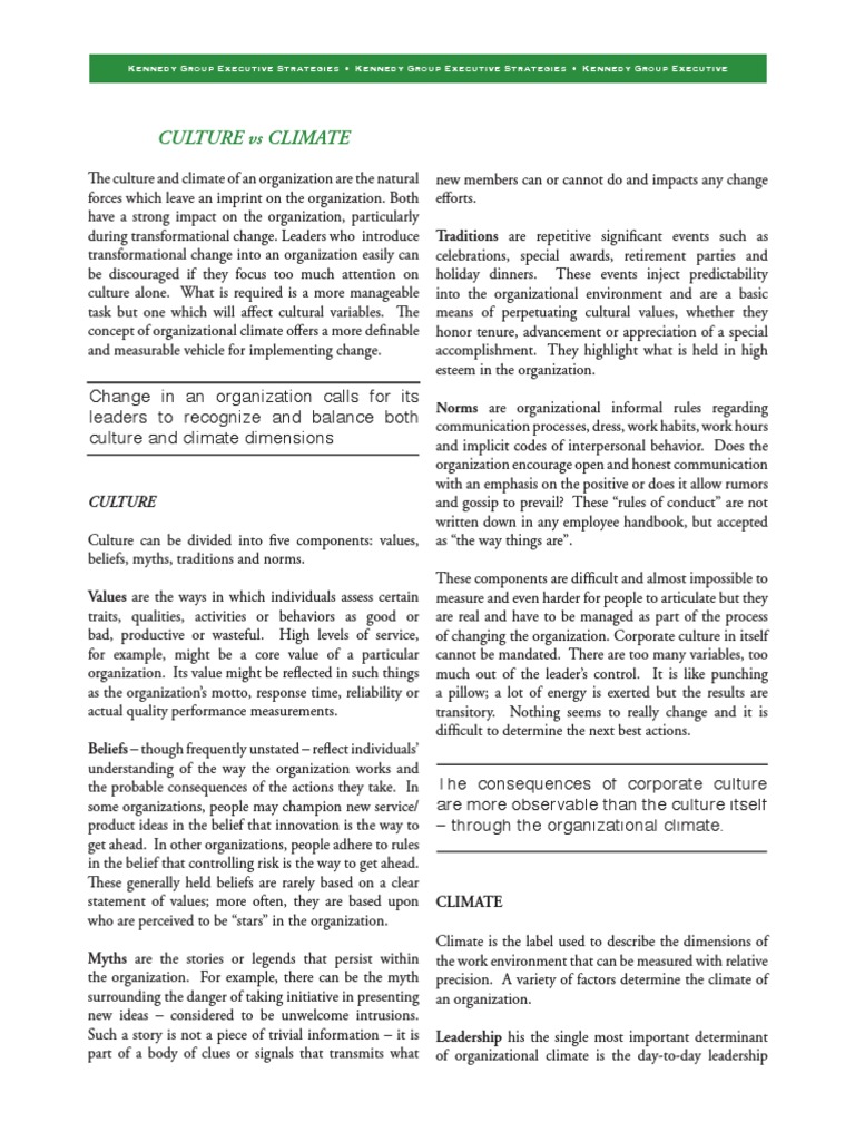Culture Vs Climate | PDF | Organizational Culture | Leadership