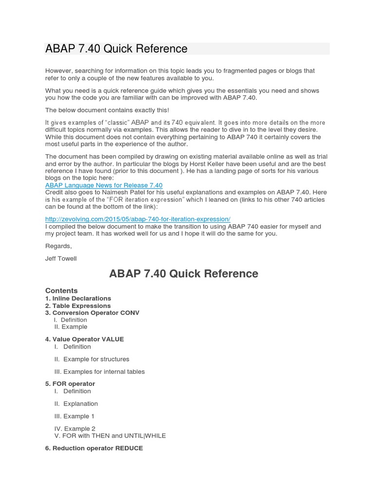 ABAP 7.40 Quick Reference | PDF | String (Computer Science) | Database ... ABAP 7.40 Quick Reference | PDF | String (Computer Science) | Database ...