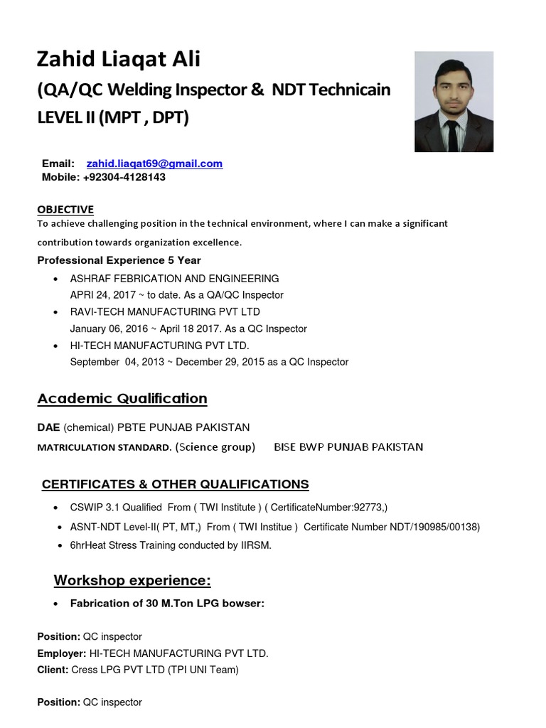 CV 1 - Cswip 3.1weldnig &NDT Inspector | PDF | Nondestructive Testing ...