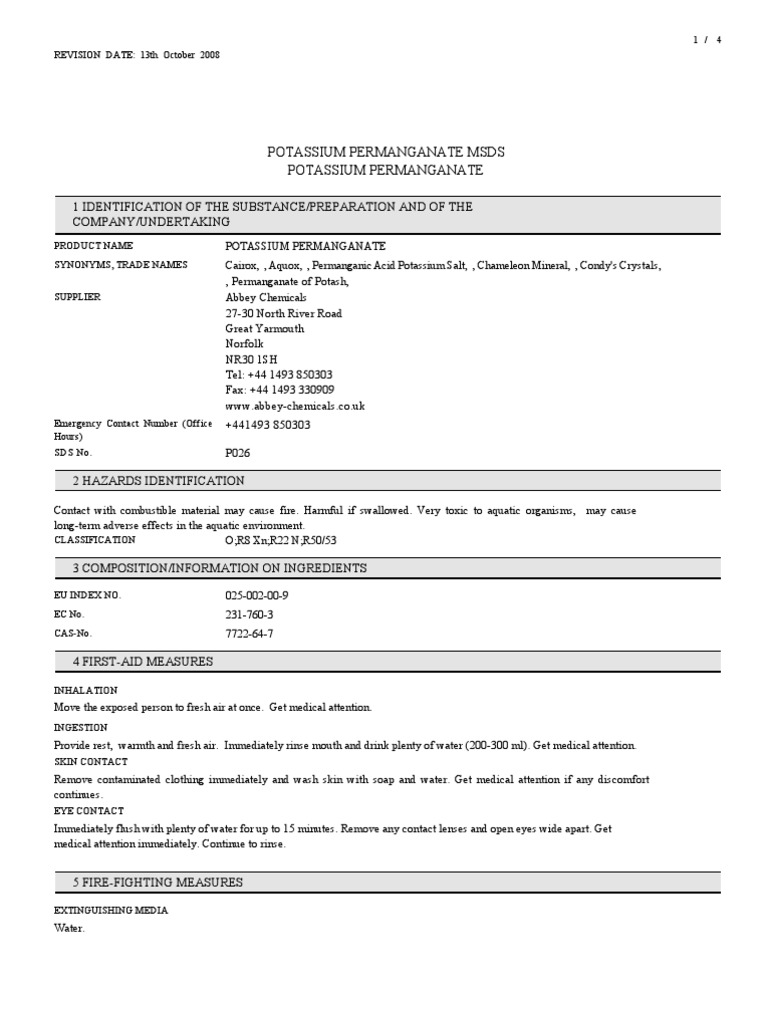 Potassium Permanganate Safety Data Sheet | PDF | Chemical Substances ...