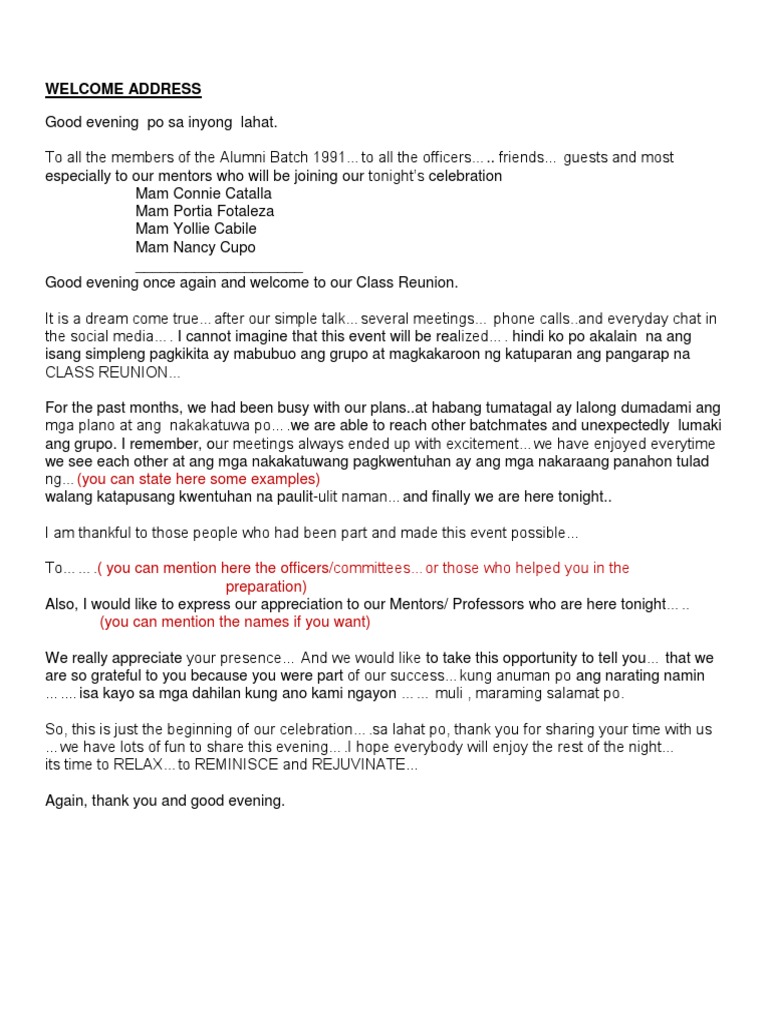 Welcome Address: (You Can State Here Some Examples) | PDF