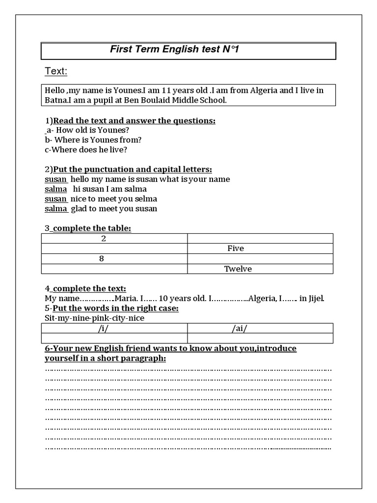 First Term English Test for Students | PDF | Language Arts & Discipline