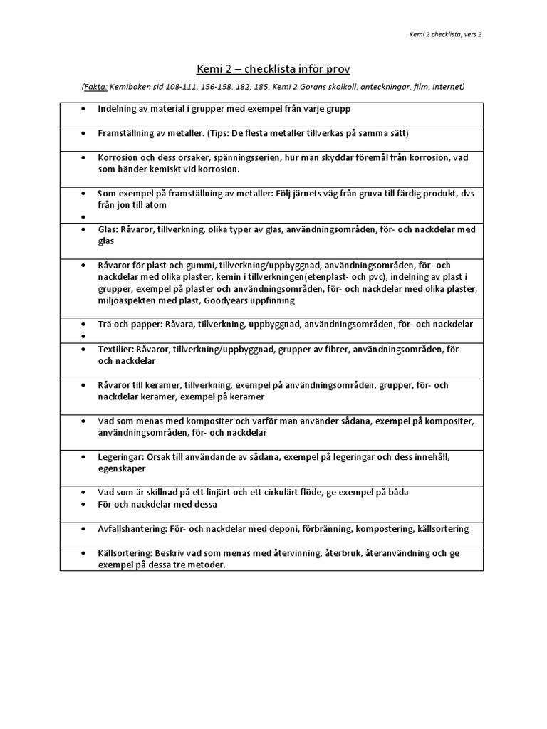 Kemi 2 - Checklista Inför Prov | PDF
