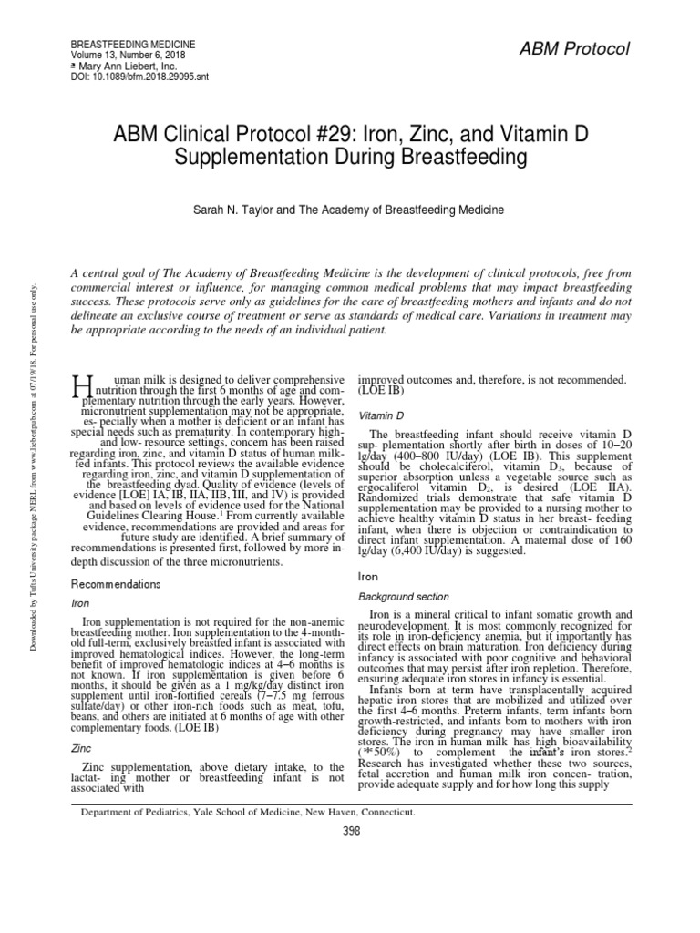 ABM Clinical Protocol #29: Iron, Zinc, and Vitamin D Supplementation ...
