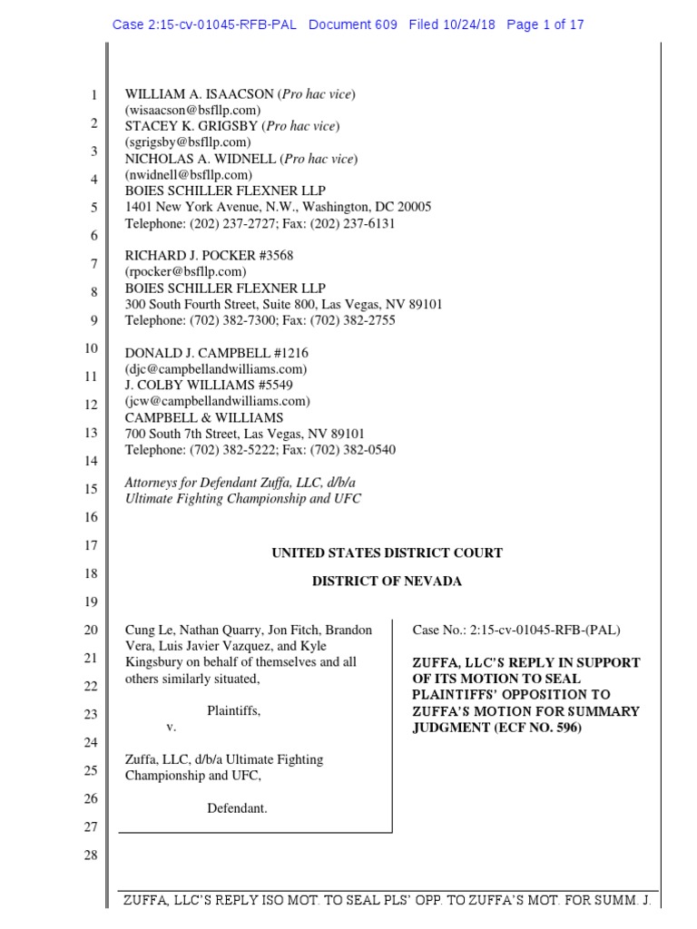 Zuffa Reply ISO Motion To Seal | PDF | Discovery (Law) | Lawsuit