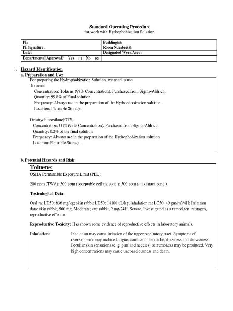 Toluene:: Standard Operating Procedure | PDF | Personal Protective ...