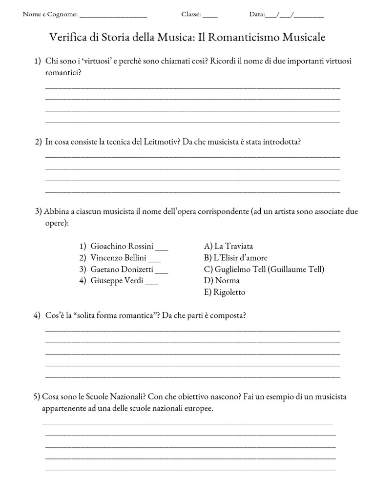 Verifica Sul Romanticismo Musicale | PDF