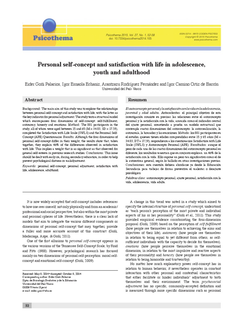 Personal Self-Concept and Satisfaction With Life in Adolescence, Youth ...