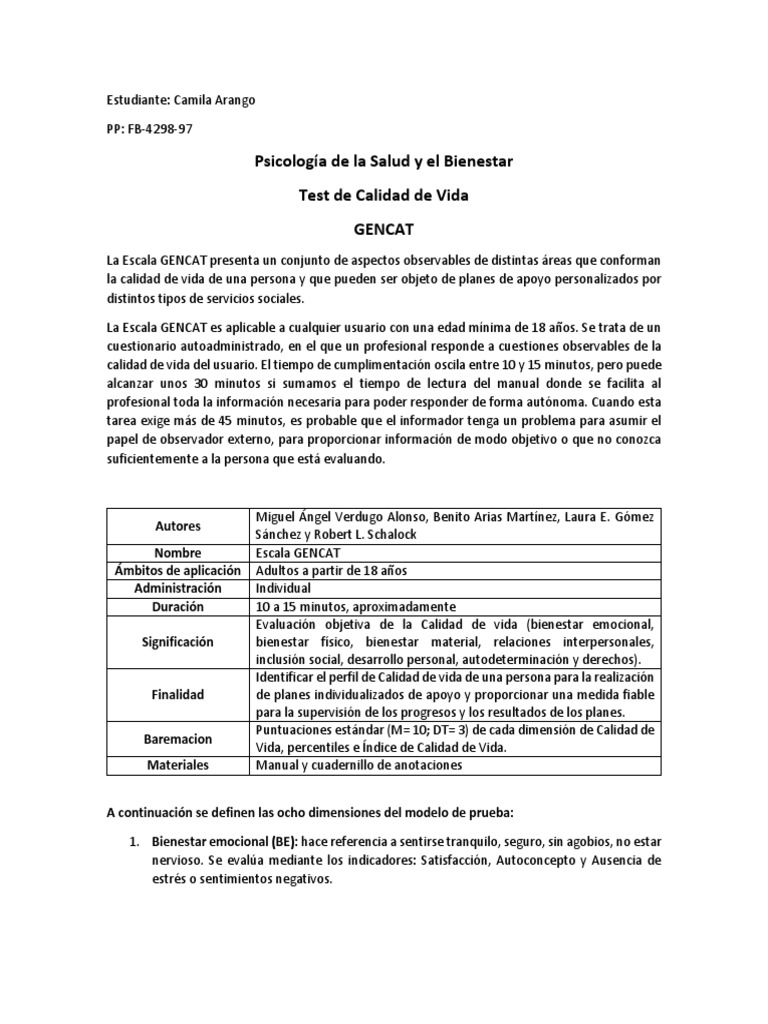 Evaluación multidimensional de la Calidad de Vida mediante la Escala ...