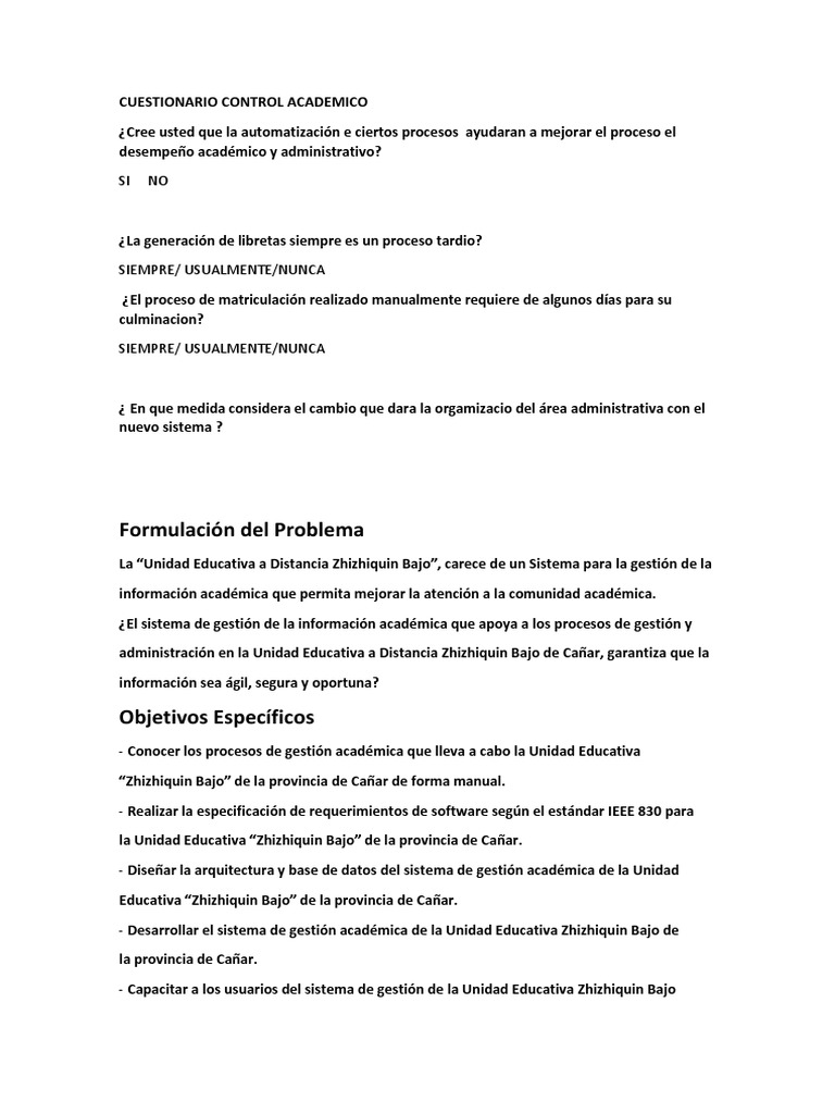 Cuestionario Control Academico | PDF