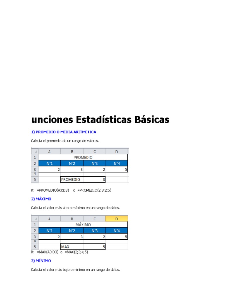 FUNCIONES Estadísticas Básicas | PDF | Microsoft Excel | Estadísticas