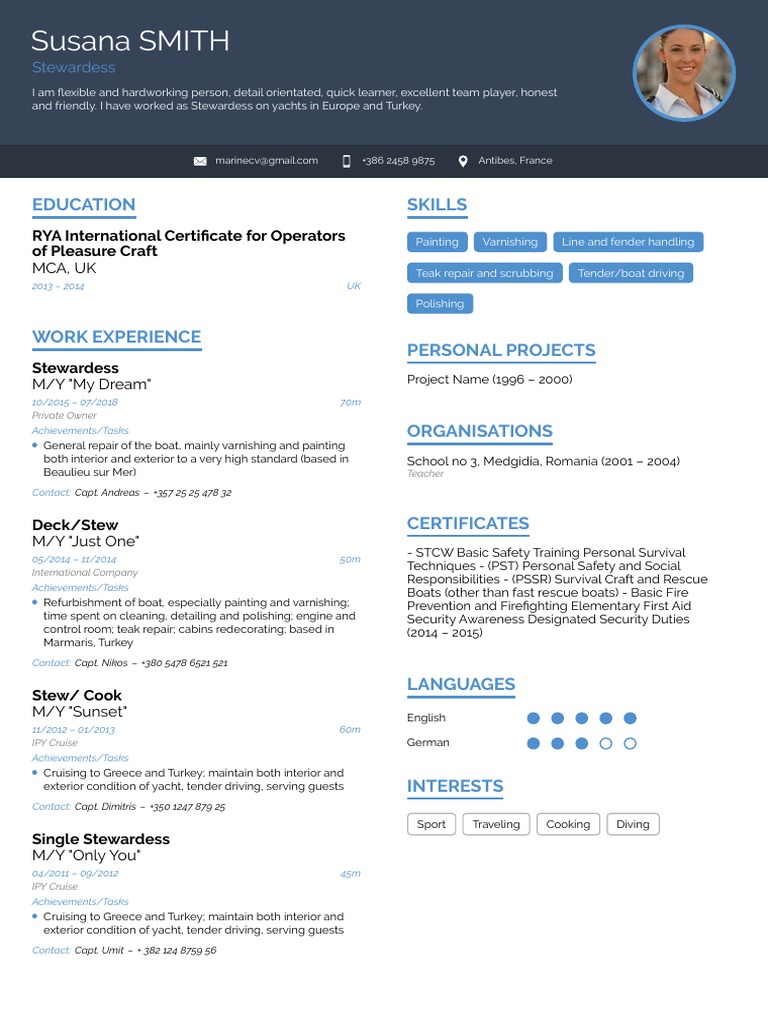 Marine CV Stewardess Template | PDF | Yacht | Ships