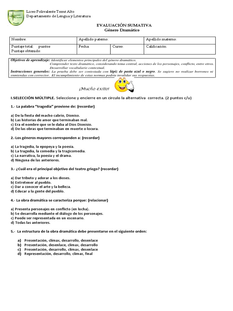 Prueba Género Dramático | PDF | Comedia | Teatro