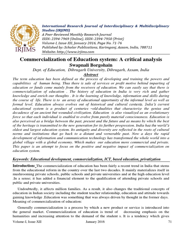 Commercialization of Education System: A Critical Analysis: Swapnali ...