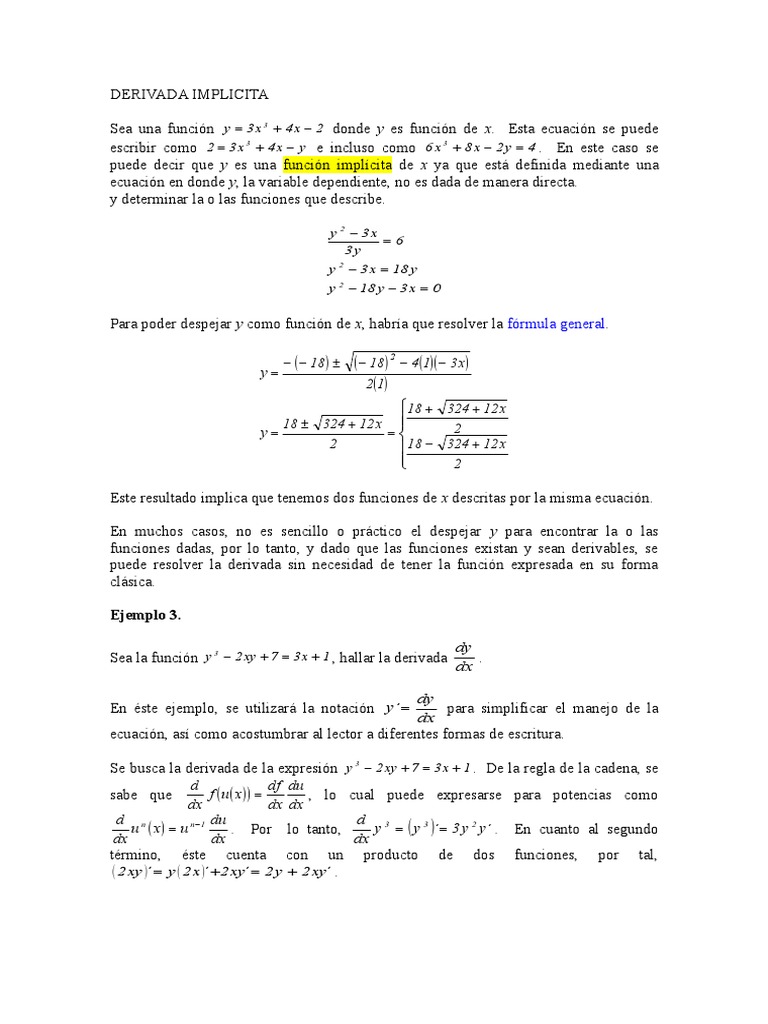 Derivada Implícita: Ejemplos y Fórmulas | PDF | Derivado | Función ...