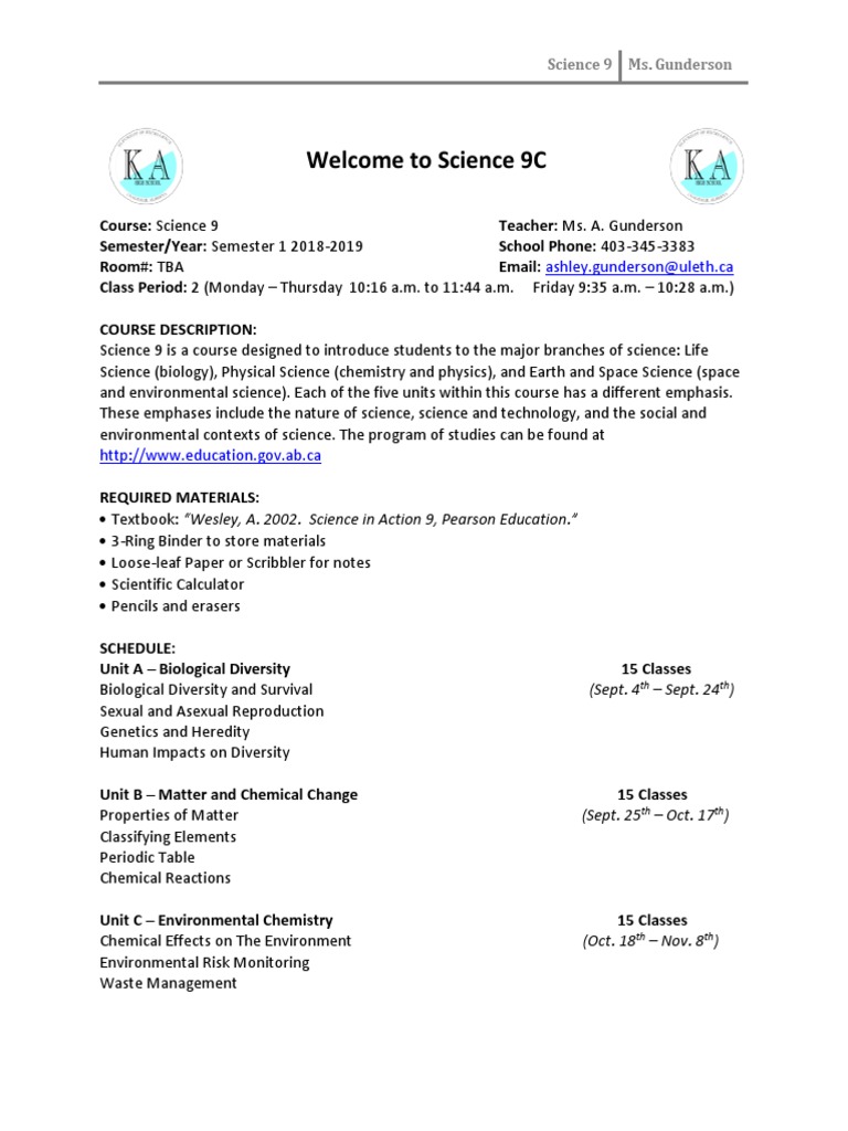 Science 9 Course Outline | PDF | Educational Assessment | Behavior ...