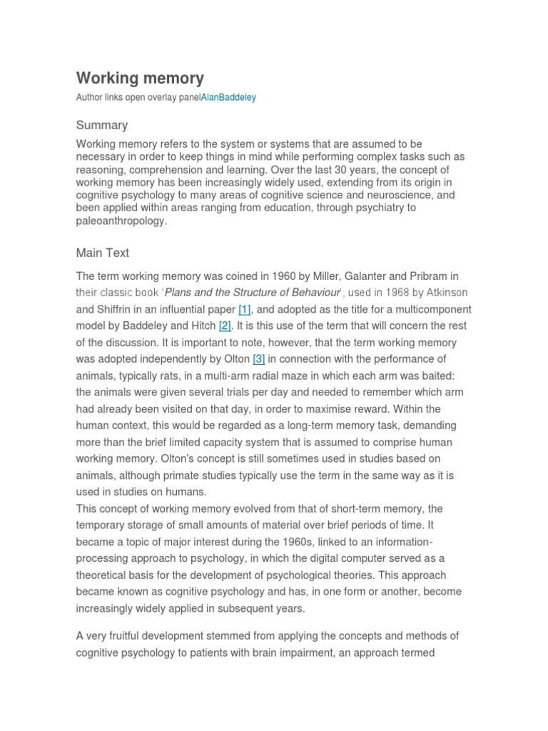 Working Memory Baddeley | PDF | Working Memory | Memory