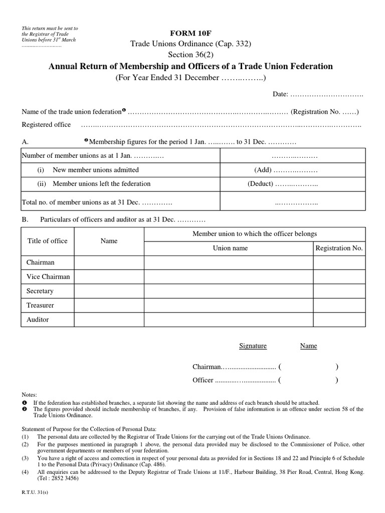 Annual Return of Membership and Officers of A Trade Union Federation ...