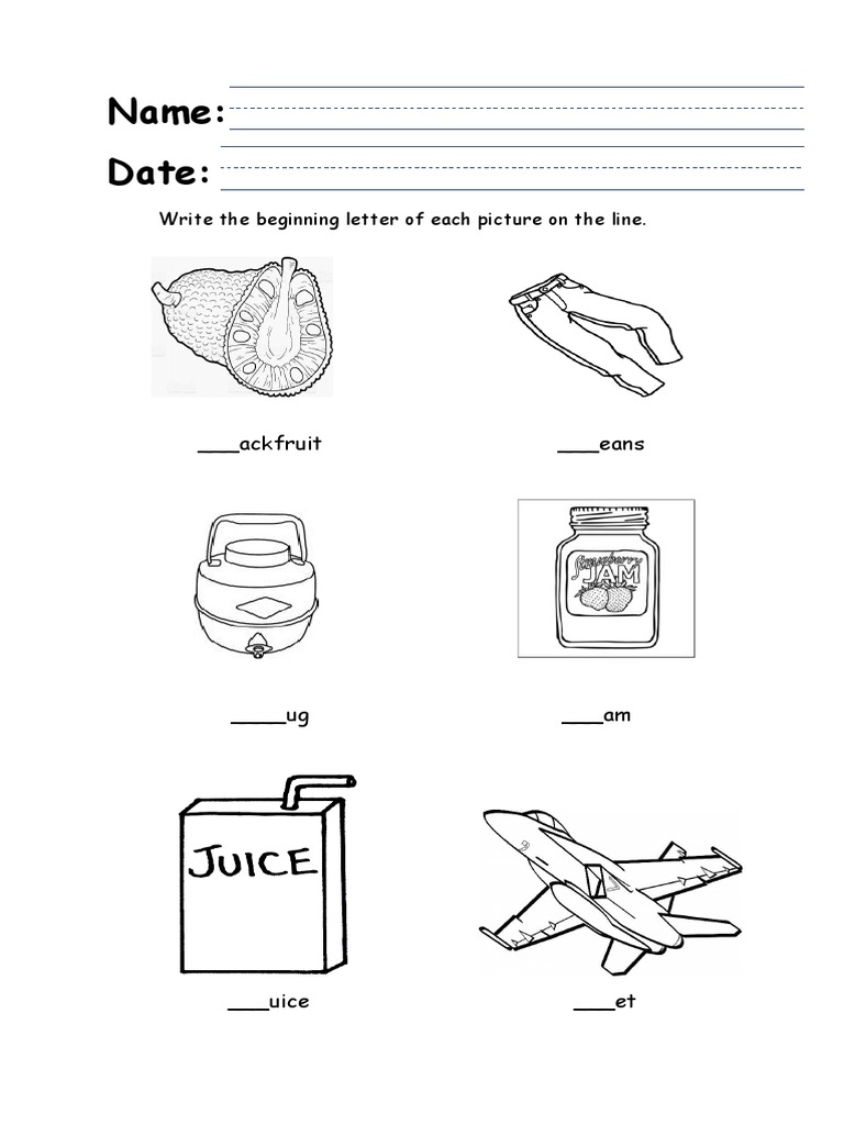 Name: Date:: Write The Beginning Letter of Each Picture On The Line | PDF