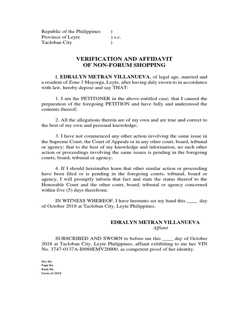 Verification and Affidavit of Non-Forum Shopping: Edralyn Metran ...
